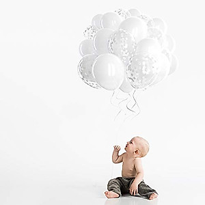 Dandy Decor 60 Pack White Balloons + White Confetti Balloons w/Ribbon | Latex Balloons 12 Inch | Balloon White | Bridal Shower Balloons | Wedding Balloons | Round Balloons | White Party Decorations |