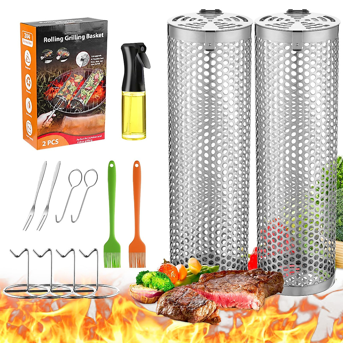Grill Basket - Outdoor Rolling BBQ Basket - 2 Pcs Stainless Steel Grill Mesh, Rolling Grill Baskets for Outdoor Grill, Portable Grill Accessories for Outdoor Grill - Grilling Gifts for Men Dad Husband Him