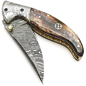 PAL 2000 HUNTING KNIVES FOL-9111 Handmade Damascus Steel Pocket Knife Stained Bone Handle With Sheath