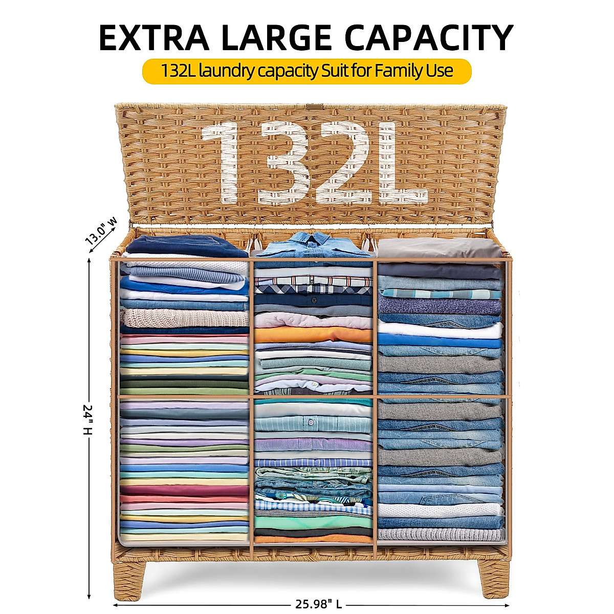 132 L Wicker Laundry Hamper with Lid 3 Section, Extra Large HandWoven Synthetic Rattan Wicker Laundry Basket with Removable Liner Bags for Bedroom Bathroom, Dirty Clothes Hampers Sorter Foldable