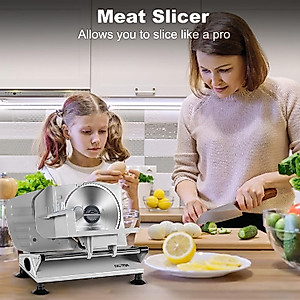 OSTBA Meat Slicer Electric Deli Food Slicer with Two Removable Stainless Steel Blades and Food Carriage, Adjustable Thickness Meat Slicer for Home, Food Slicer Machine for Meat, Cheese, Bread