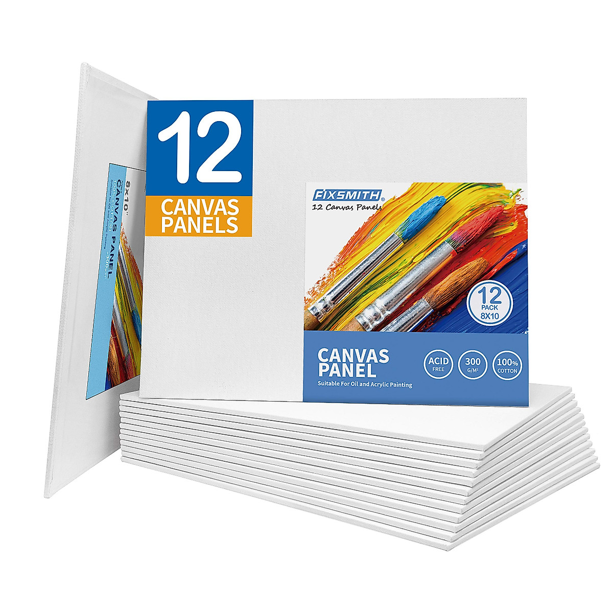 FIXSMITH-Painting-Canvas-Panels,8x10 Inch Canvas Board Super Value 12 Pack Canvases,100% Cotton,Primed Canvas Panel,Acid Free,Artist Canvas Boards for Professionals,Hobby Painters,Students & Kids.