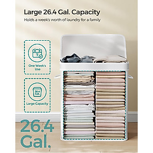 SONGMICS Laundry Hamper with Lid, Bamboo Laundry Basket, Removable Machine Washable Laundry Basket, with Handles, 26.4-Gallons, for Laundry Room, Bedroom, Bathroom, Cloud White ULCB063W01