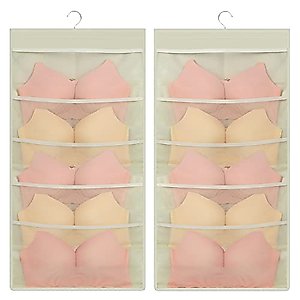Lirex Bra storage organiser with 10 Pockets, 1 Pack Foldable Underwear Hanging Organizer for Wardrobe Wall Mount Bra Hanger Double Side Cloth with Hanger for Toys Purses Towels Socks Bra
