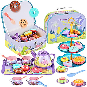 Yosamy 45Pcs Tea Party Set for Little Girls Princess Tea Time Toy Playset Ocean/Dinosaur Theme Kids Tea Set with Desserts & Carrying Case Kitchen Pretend Toy for Kids Toddlers Age 3 4 5 6 (Dinosaur)
