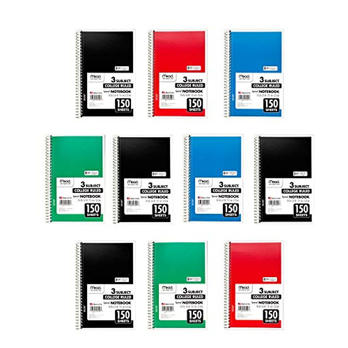 Mead 3-Subject Wirebound College Ruled Notebook, 9.5" x 5.5", Pack Of 10 (06900)