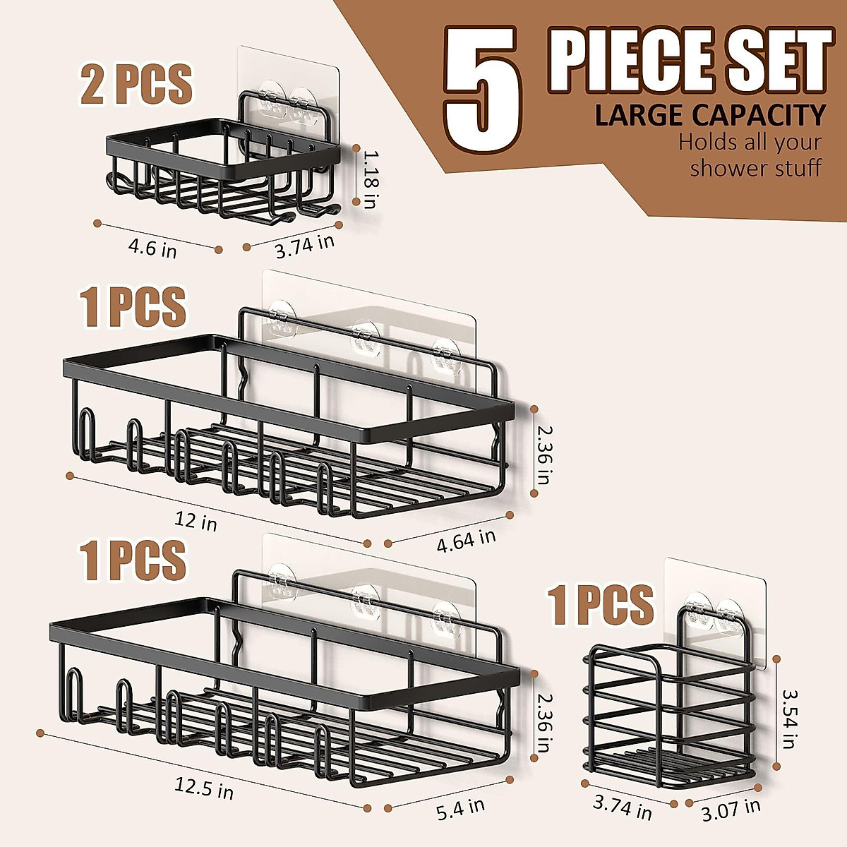 Crixny Shower Caddy, 5-Pack Shower Organizer No Drilling, Shower Shelves with Soap Holder and 18 Hooks, Rustproof Stainless Steel Shower Shelf for Inside Shower, Shower Rack for Shower Storage