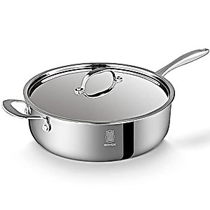 ROYDX Stainless Steel Skillet Saute Pan, 5 Quart Tri-ply Nonstick Large Fry Pans with Lid Single Stay-Cool Handle Cookware, Induction/Electric Gas Cooktops Oven Dishwasher Safe, for Kitchen Camping