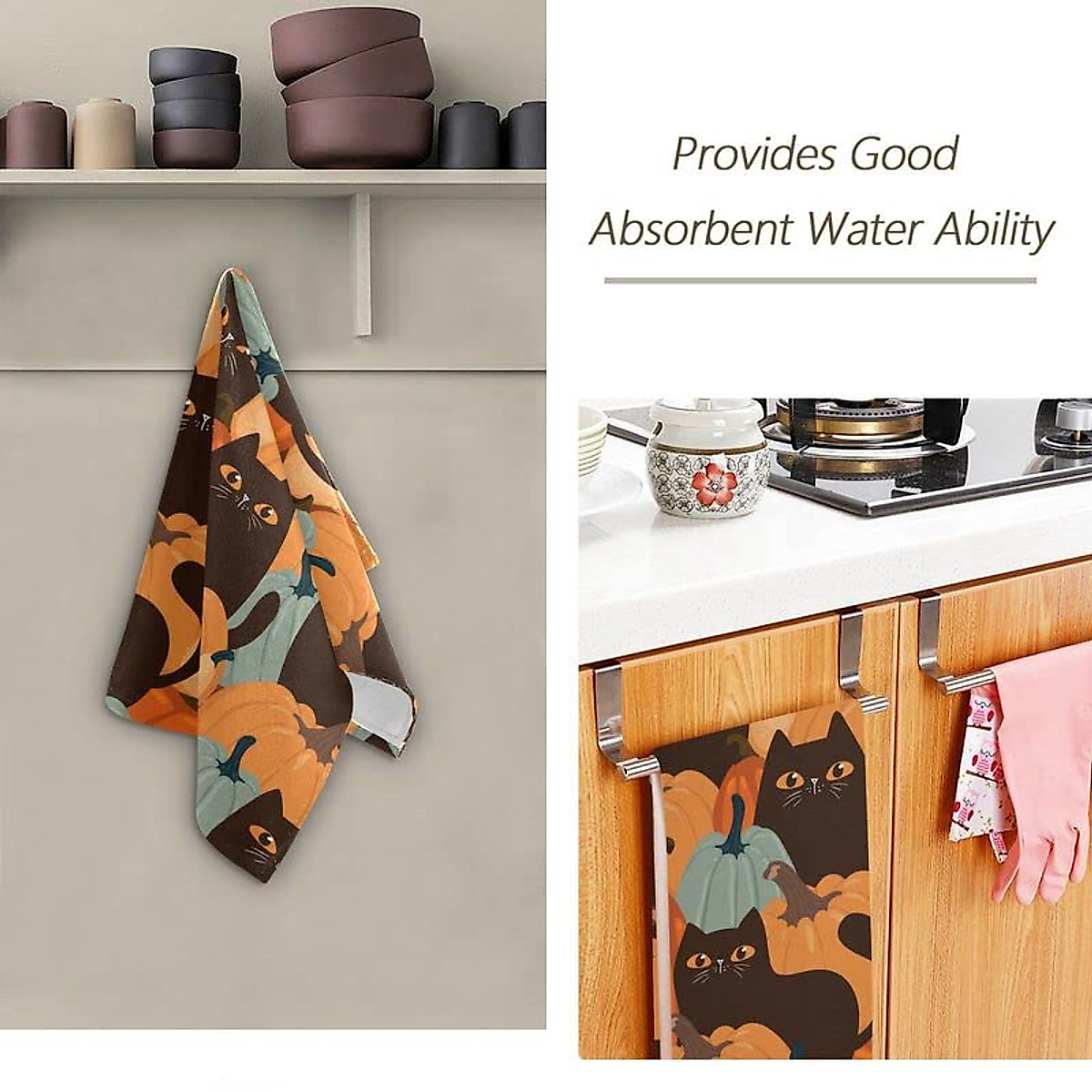 VKPSCHJ Cute Black Cats Pumpkins Bath Hand Towels Set of 2 Fall Halloween Kitchen Dish Towel Fingertip Towel for Bathroom Home Stove Decor Absorbent Soft