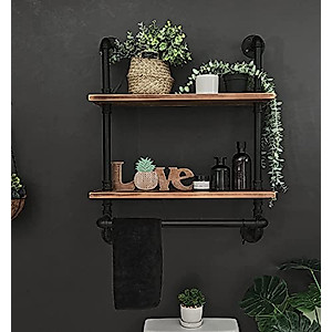 HDDFER Industrial Shelves Pipe Shelving Bathroom Shelves with Towel Bar Rustic Floating Pipe Wall Shelves with Wood Planks, 24 Inch Farmhouse Bathroom Shelves Over Toilet Wall Mounted……