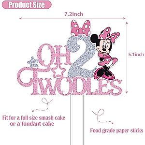 Mouse Oh Twodles Cake Topper for Girls, Pink Glitter Mouse Second 2nd Birthday Cake Topper with Pink Bows for Girls Birthday Party Decorations Supplies(Double-sided), Silver&pink (Silver&pink)