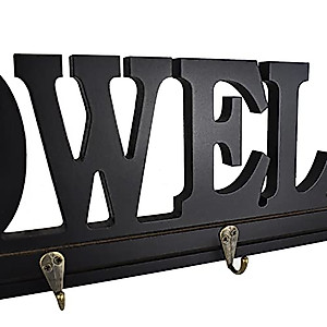 Black Wood Towel Hooks for Bathroom Decorative Cutout Word Sign Wall Decor, Wall Mounted Towel Rack Hanger Hanging Word Sign with 4 Hanging Hooks