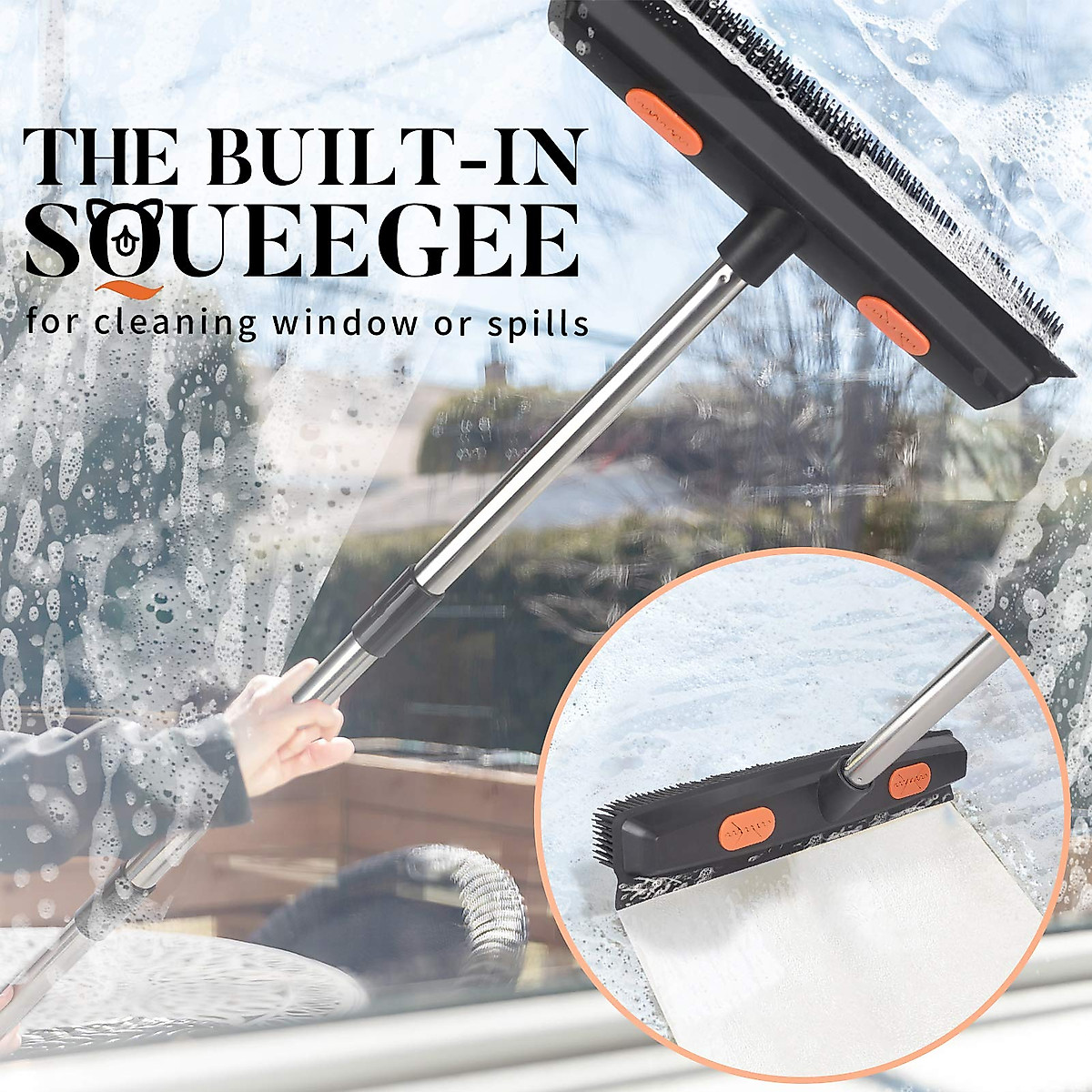 Conliwell Rubber Broom Carpet Rake for Pet Hair Remover, Fur Remover Broom with Squeegee, Portable Detailing Lint Remover Brush, Pet Hair Removal Tool for Fluff Carpet, Hardwood Floor, Tile, Window