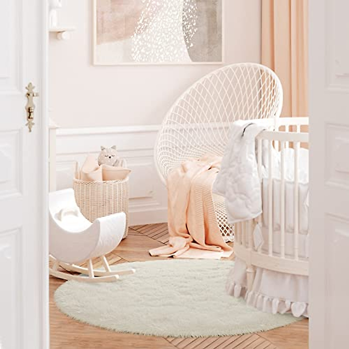 Goideal Soft Round Shaggy Rug, 4 x 4 Feet Cream Fluffy Circle Rug for Boys Girls, Fuzzy Cute Bedroom Rug, Circle Plush Floor Carpet for Nursery Room Decor