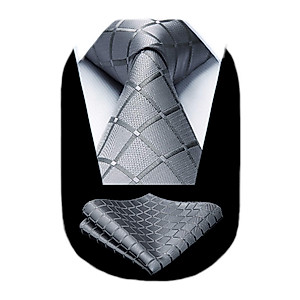 HISDERN Mens Ties for Men Grey Plaid Tie Handkerchief Classic Men's Tie with Pocket Square Set Formal Necktie Silver Gray Wedding Business Ties Set