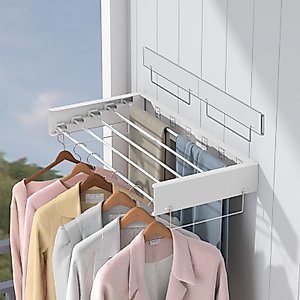 tonchean Wall Mounted Drying Rack Collapsible, Laundry Drying Rack 31.5" Wide, 13.2 Linear Ft Carbon Steel Quality Upgrade 110lb Capacity with Wall Template for Indoor Outdoor Drying Clothes