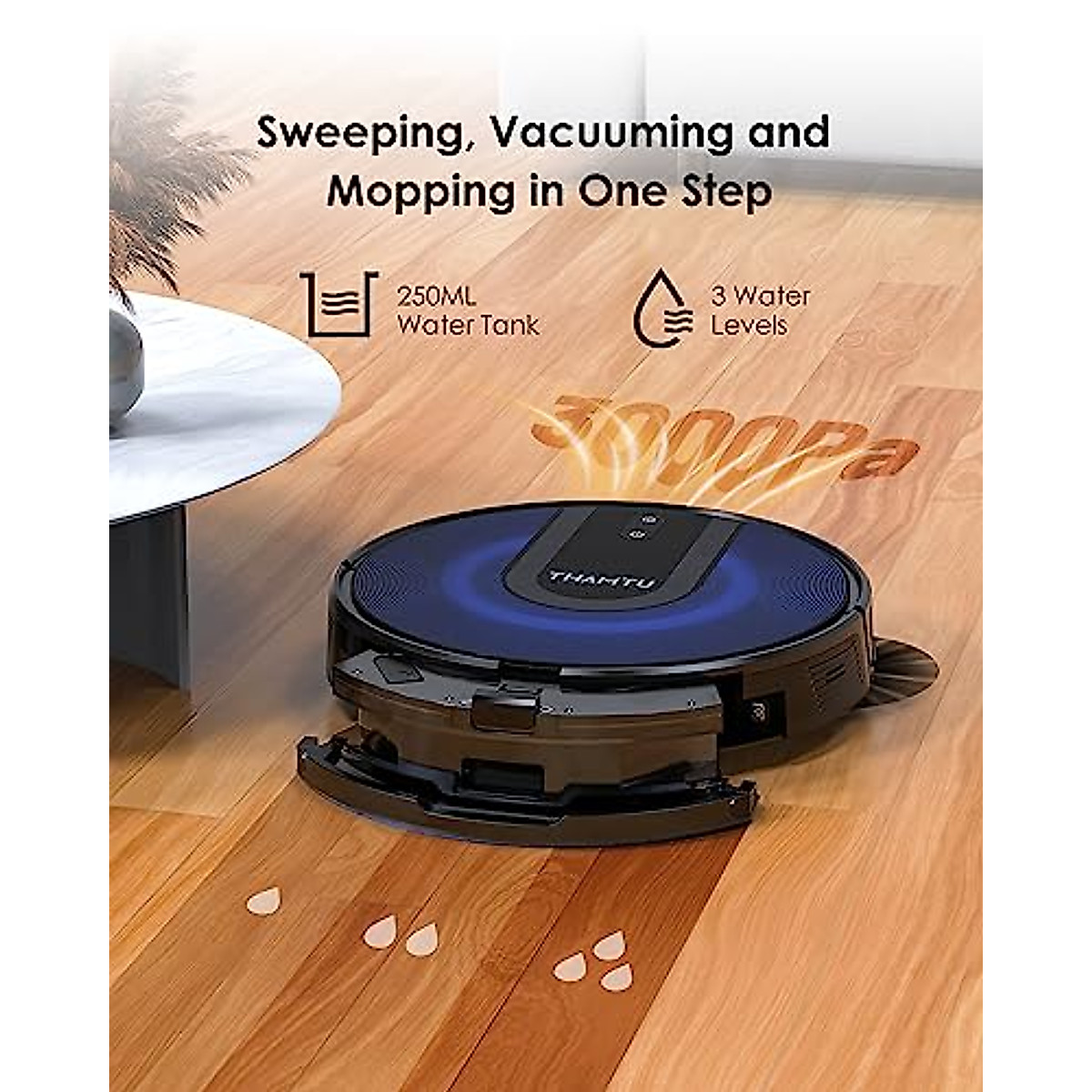 Thamtu G20 Robot Vacuum and Mop Combo, with Self-Emptying Base, Auto Carpet Boost, 3000Pa Suction for Powerful Cleaning, APP and Voice Control, Pet Hair Cleaning, is Ideal for Household Cleaning