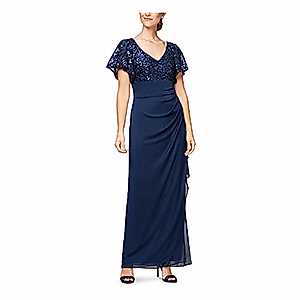 Alex Evenings Women's Stretch Sequin Bodice Empire Waist Long Dress, Navy Flutter Sleeve, 16