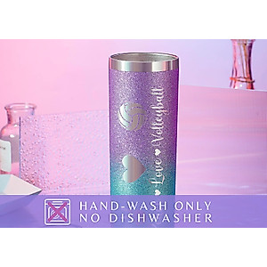 Onebttl Volleyball Gifts for Teen Girls & Team, Stainless Steel Kids Volleyball Tumbler, Double Wall Vacuum Insulated Bottle with Lid and Straw 20oz - Peace Love Volleyball (Glitter Purple Blue)