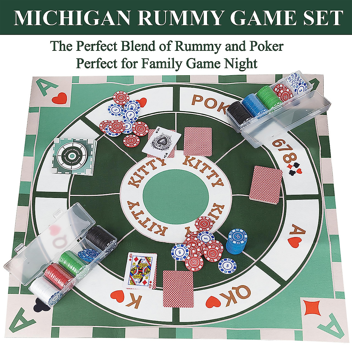 Michigan Rummy Deluxe Board Game Set : Felt Game Mat + 2 Boxes of Playing Chips (200 Pieces) + 1 Deck of Poker + 1 Game Manual. The Perfect Blend of Rummy and Poker, Perfect for Family Game Night