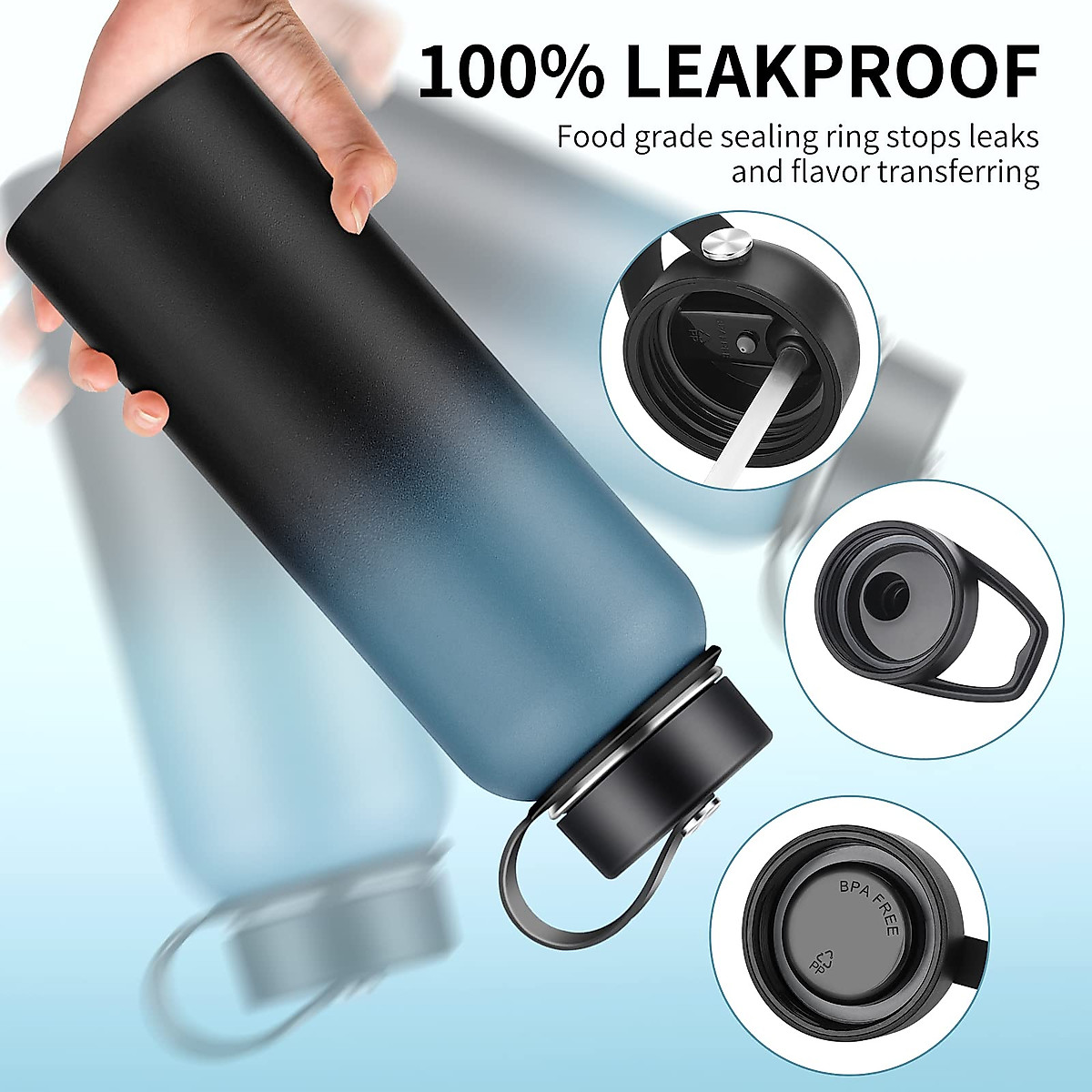 Senbowe 40 oz Insulated Water Bottle With Straw, Stainless Steel Leak Proof Vacuum Sports Water Flask with 3 Lids (Straw, Spout and Handle Lid), Keeps Cold and Hot, Great for Hiking, Biking, Running