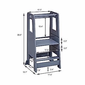 Kid's Wooden Kitchen Step Stool, Adjustable Platform Standing Tower, with Safety Guardrail Child Studying Tower, Toddler Stool for Bathroom, Cooking Helper（Grey）