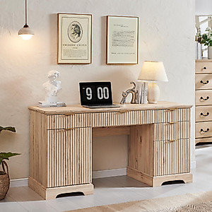 JXQTLINGMU 58" Modern Executive Desk with Storage, Wood Home Office Desk with 5 Drawers & 1 Cabinet, Fluted Computer Writing Desk for Study, Living Room, Bedroom, Natural Oak