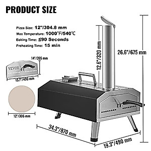 VEVOR Multi-fuel Outdoor Pizza Oven, 12-inch Gas & Wood Fired Pizza Maker with Auto Rotatable Stone, Portable Pizza Ovens for Outside Backyard Camp, Carry Cover, Shovel, CSA Certified, Black
