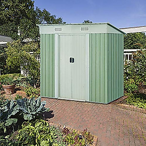 Goplus Garden Storage Shed Galvanized Steel Outdoor Heavy Duty Tool House w/Sliding Door, 4 x 6.2 Ft (Green)