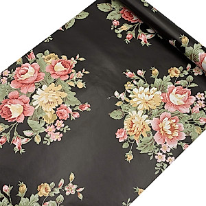 Yifely Floral Shelf Liner Black Drawer Cover Paper Self-Adhesive Rental House Furniture Decoration DIY Table Surface 17.7 inch by 9.8 Feet