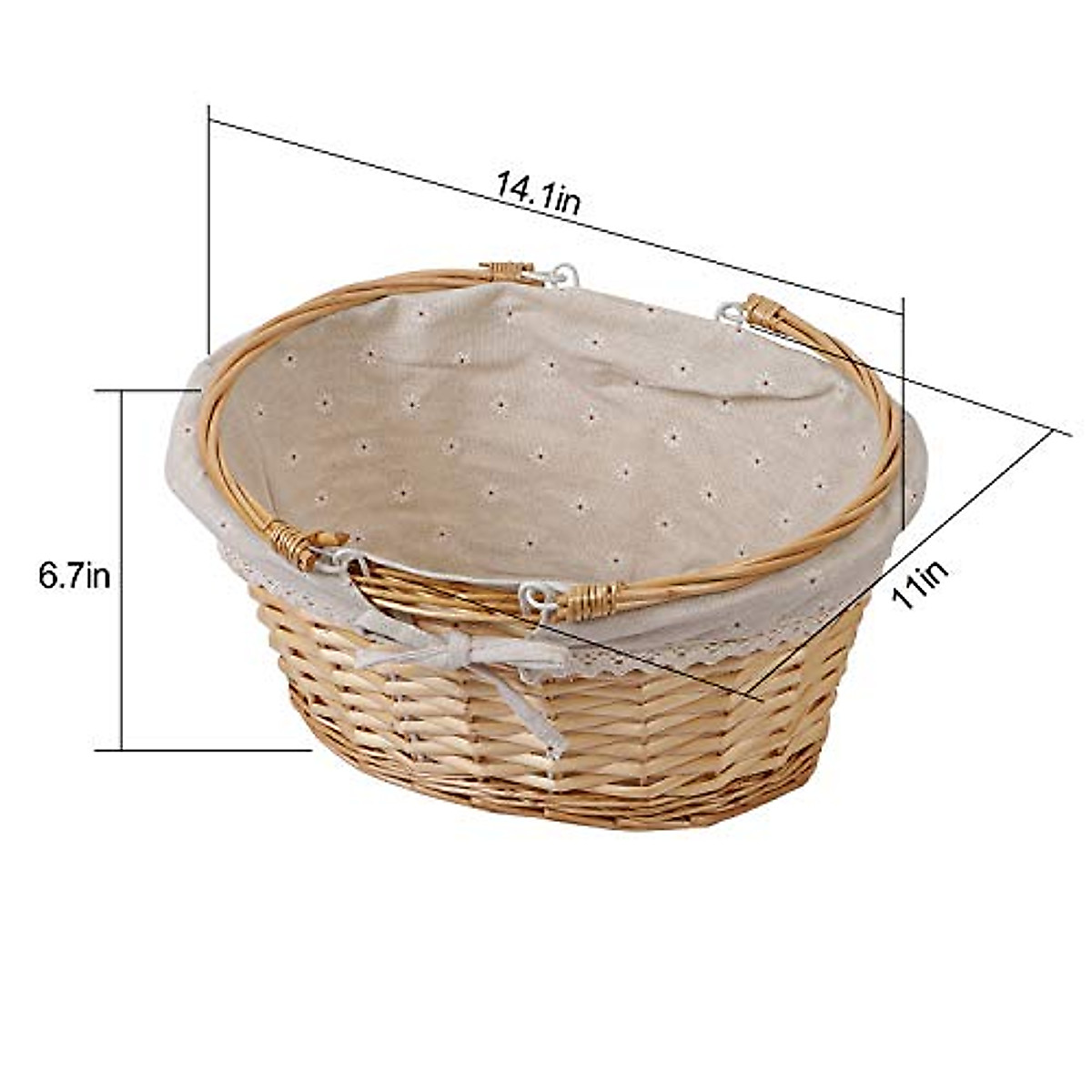 KINJOEK Wicker Woven Basket, Multipurpose Natural Willow Basket with Handle Premium Linen Cotton Cloth Lining for Storage and Decoration, Natural