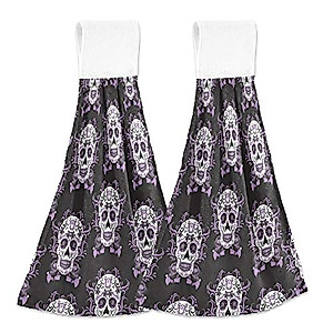 KOCOART Halloween Mexican Skulls Kitchen Hand Towels Day of The Dead Hanging Dish Towel with Loop 2PCS, Soft Super Absorbent Decorative Fingertip Tie Towel for Bathroom 12x17 in
