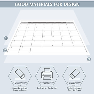 Dry Erase Calendar for Wall - Large Dry Erase Calendar, 28" x 40", Undated Monthly Calendar for Home, Office, Classroom, Erasable Laminated Calendar Whiteboard with 6 Markers ＆ 6 Stickers - 1Y Grey