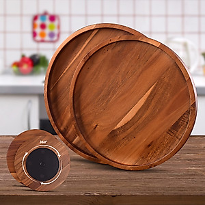 Lazy Susan Solid Wood Round Tray Set of 2 | Vintage Serving Tray W/ Rotate System for Serving Storing and Organizing | Essential Wooden Platters Centerpiece for Decor Kithchen Dinner Living Bath Room