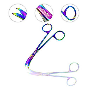Cynamed Set of 2 Suture Stitch Scissors with Multicolor/Rainbow Titanium Coating - Premium Quality Instrument- Delicate Hook - Perfect for Suture Removal, First Aid, EMS Training (Straight and Curved)