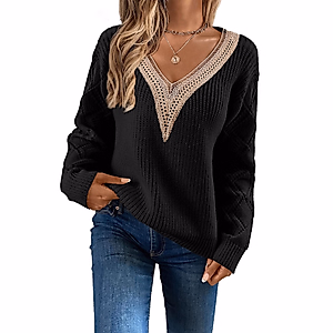 miduo Womens Long Sleeve V Neck Guipure Lace Panel Ladies Warm Ribbed Knit Pullovers Sweaters Jumper Tops Outerwear Cream White XL