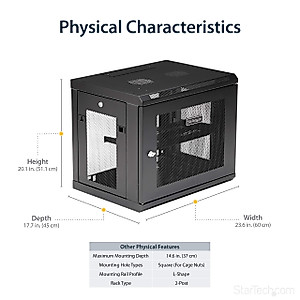 StarTech.com 2-Post 9U Wall Mount Network Cabinet w/ 1U Shelf, 19" Wall-Mounted Server Rack for IT / Data Computer Equipment