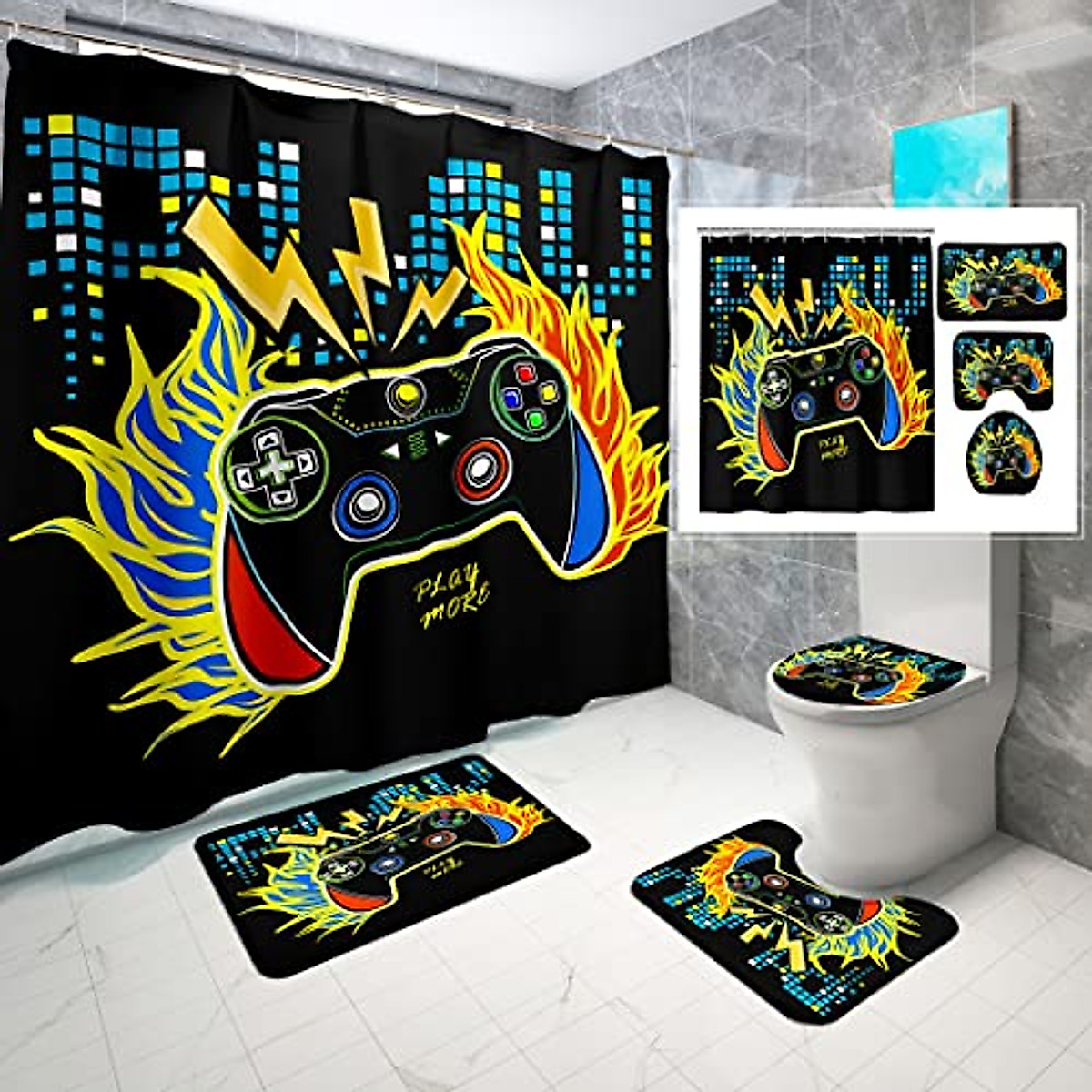 BATATADOCE Gaming Shower Curtains Bathroom Sets with Shower Curtain and Rugs Gamer Controller Curtains Kids Bathroom Decor Boys Bathroom Decor Sets Shower Curtain Sets 70x70 Inch