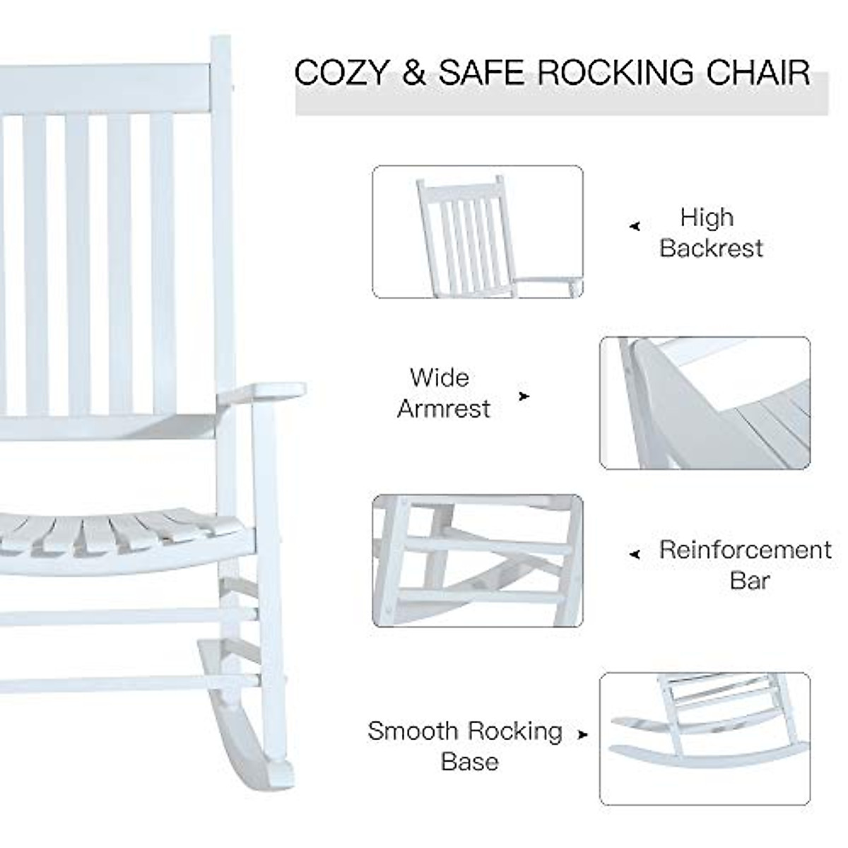 Outsunny Outdoor Rocking Chair, Wooden Rocking Patio Chairs with Rustic High Back, Slatted Seat and Backrest for Indoor, Backyard, Garden, White