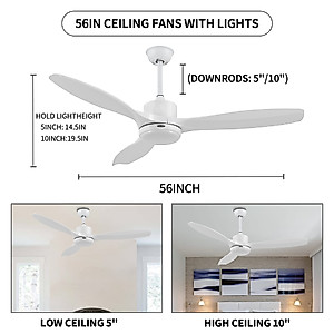 YJFAN 56 Inch Ceiling Fans with Lights, Modern White Ceiling Fan with Remote Control, Reversible Quiet DC Motor, Indoor Outdoor Ceiling Fan Light for Living Room,Patios,Farmhouse
