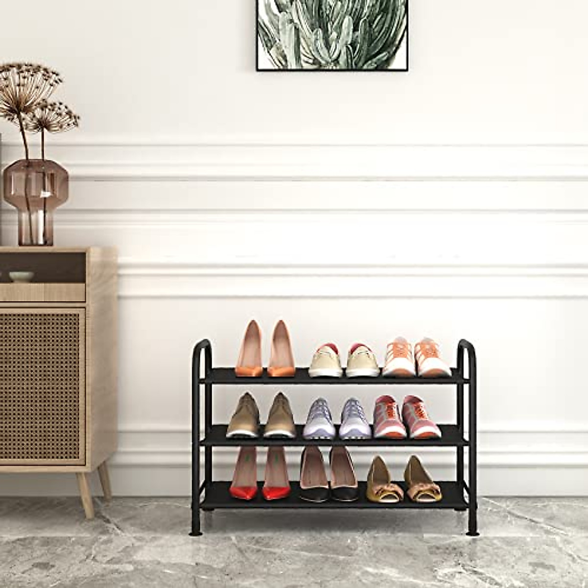 FKUO 3-Tier Shoe Rack Large Capacity Metal Oxford Fabric Shoe Storage Unit Tall Shoe Organizer Shelf for 9 Pairs, for Entryway, Hallway, Closet, Dorm Room (Black, 3 Tier)