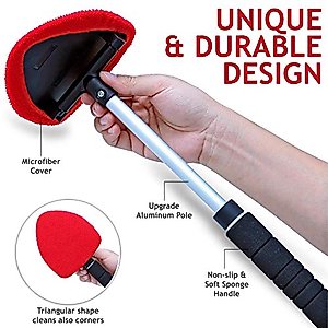 Windshield Window Cleaner Tool, Unbreakable Extendable Long-Reach Handle, Unique Pivoting Triangular Head, 3 Washable Reusable Microfiber Bonnets, Car & Home Inside Interior Exterior Use - Lint Free