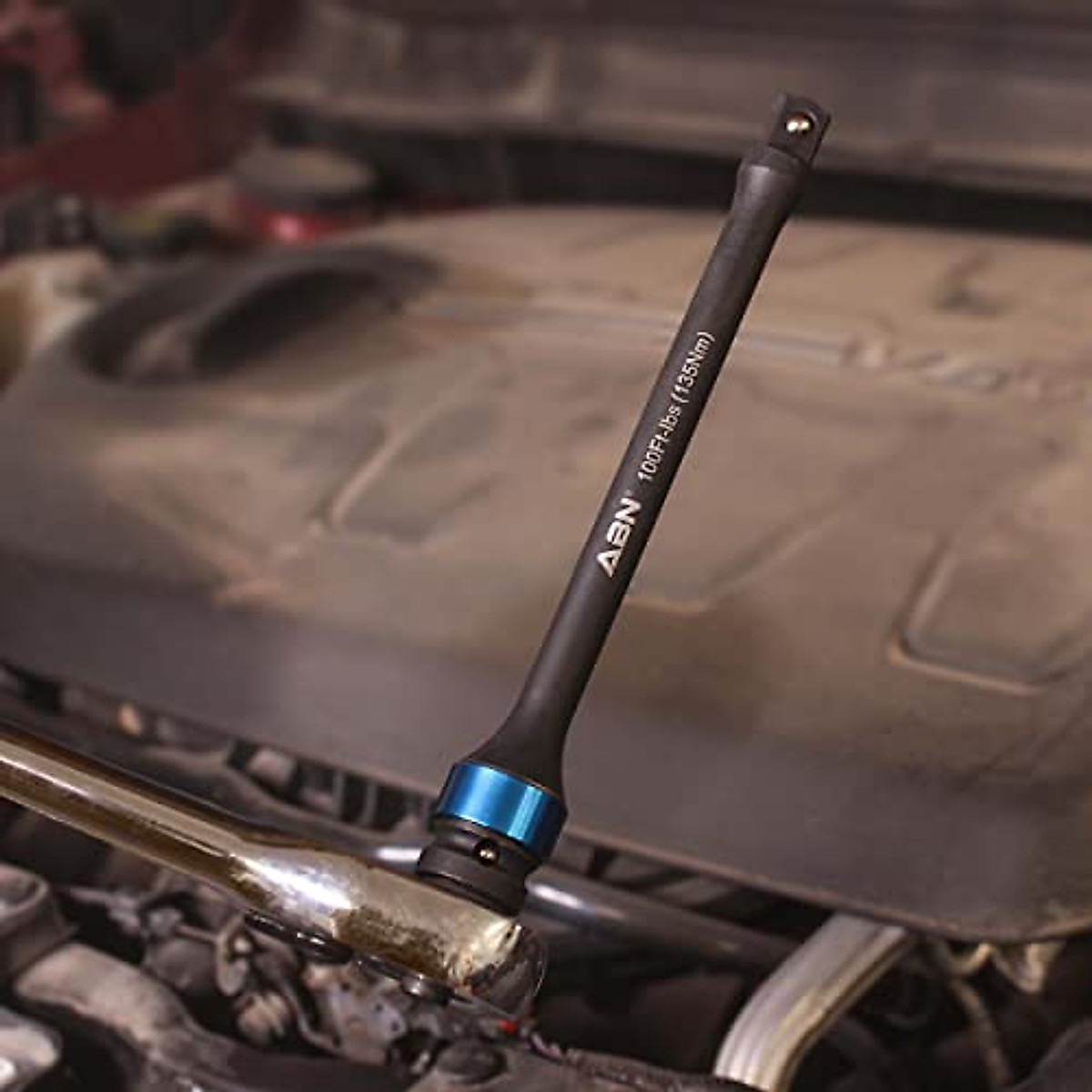 ABN 1/2in Drive 8in Long Torque Socket Extension Bar, 100 ft/lb CR-MO with Blue Color-Coded Aluminum Ring