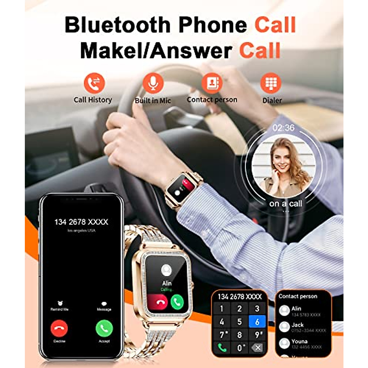 LIGE Smart Watches for Women, 1.57‘’HD Screen Fitness Watch with 21 Sport Modes/Heart Rate/Blood Pressure Monitor/Sleep Tracker, Smartwatch with Text and Call, IP67 Smart Watch for Android iOS, Gold