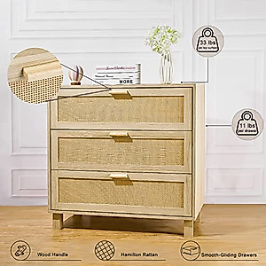 Graficial 3 Drawer Dresser, Rattan Chest of Drawers, Closet Storage Bedside Table Dresser for Bedroom
