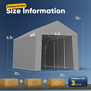 PEAKTOP OUTDOOR 12x20 ft Heavy Duty Carports, Portable Car Canopy, Garage Tent, Boat Shelter with Reinforced Triangular Beams and Ground Bar, Removable Sidewall & Zipper Doors, Grey