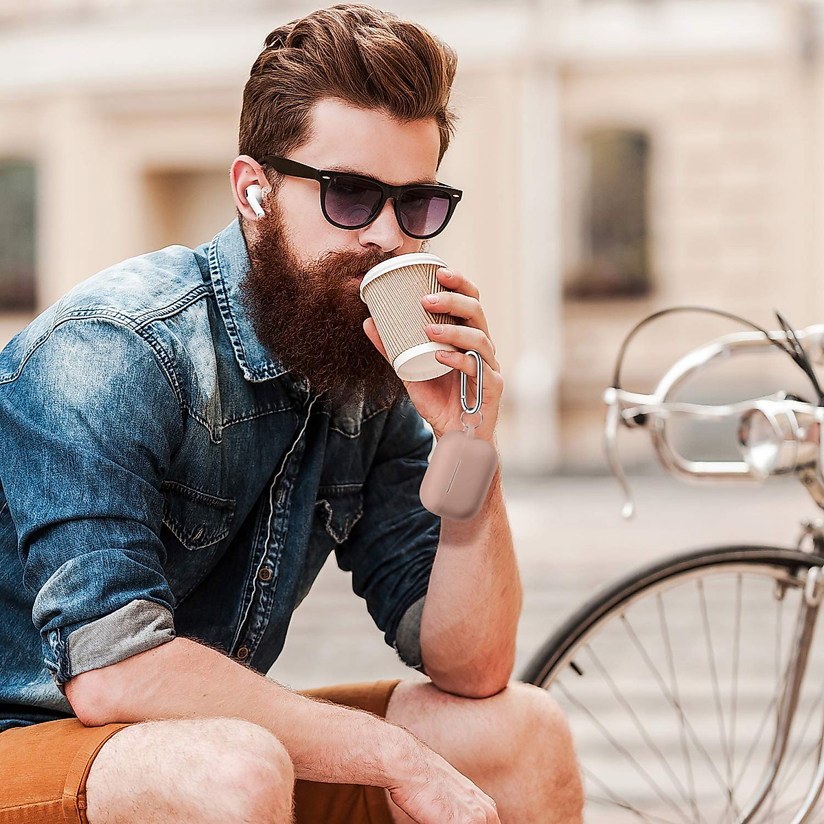 R-fun AirPods Pro Case Cover with Keychain, Full Protective Silicone Skin Accessories for Women Men Girl with Apple 2019 Latest AirPods Pro Case, Front LED Visible-Milk Tea