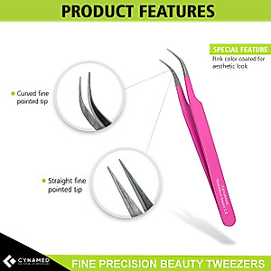 CynaMed Pink Eyelash Extension Tweezers Set (2-Pack) – Straight and Curved Stainless Steel Precision Tweezers for Volume Lash Extensions