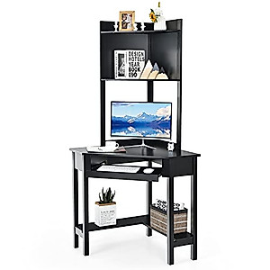 IFANNY Corner Computer Desk with Hutch, Triangle Corner Desk w/Keyboard Tray and Bookshelves, Corner Writing Desk with Storage Shelves, Small Corner Desks for Small Spaces (Black)