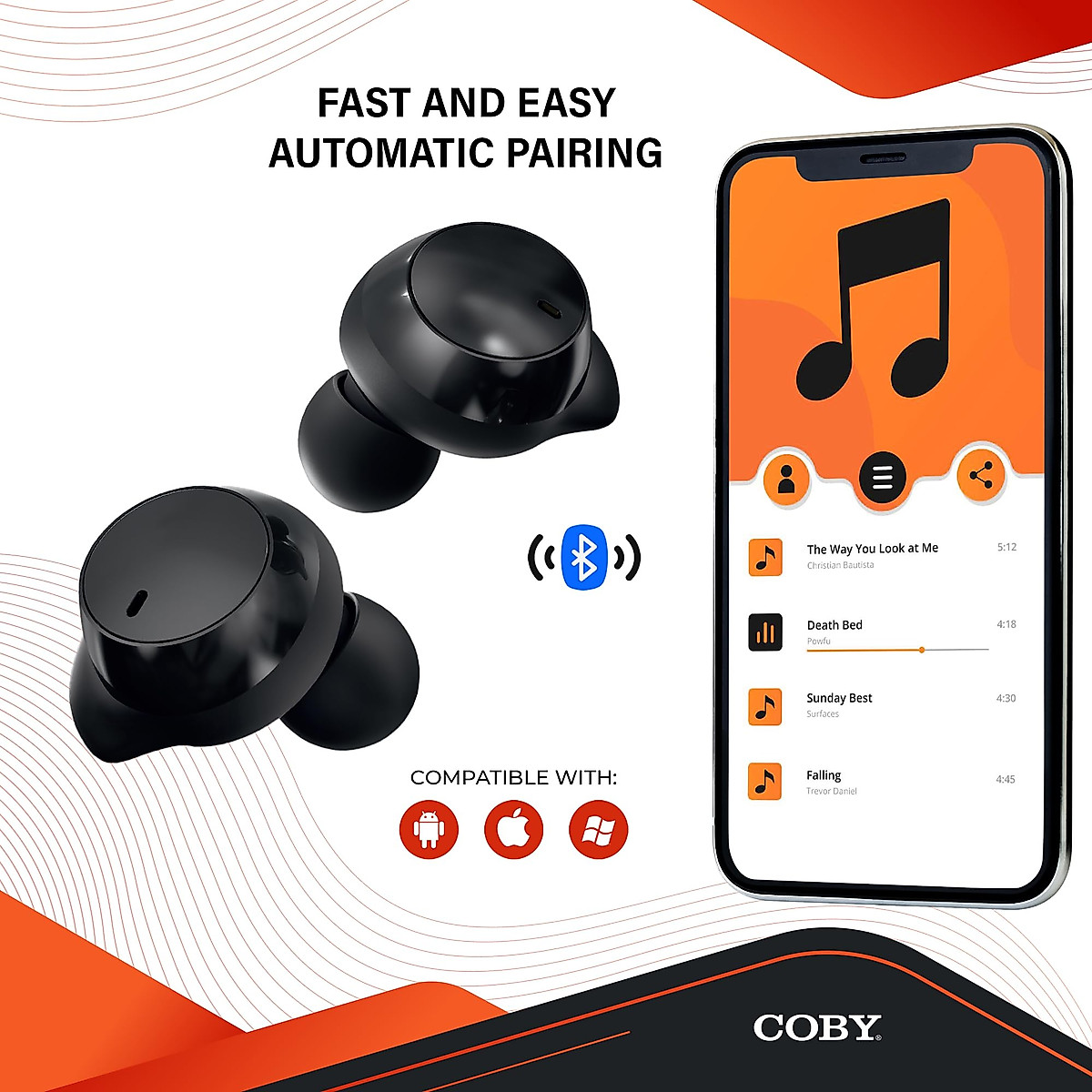 Coby Pro Fitness True Wireless Earbuds w/Charging Case | Sweat Resistant, Noise-Isolation, Auto-Pair, HD Audio, 15-HR Play Bluetooth Fitness Buds | Siri, Google Compatible, Hands-Free Calls (Black)